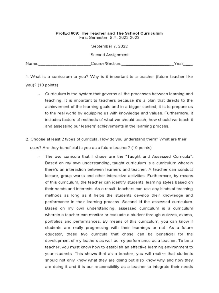 ProfEd 609 2nd Assignment | PDF | Curriculum | Teachers