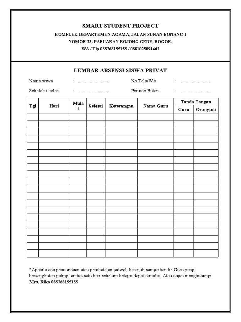 Lembar Absen Les Privat | PDF