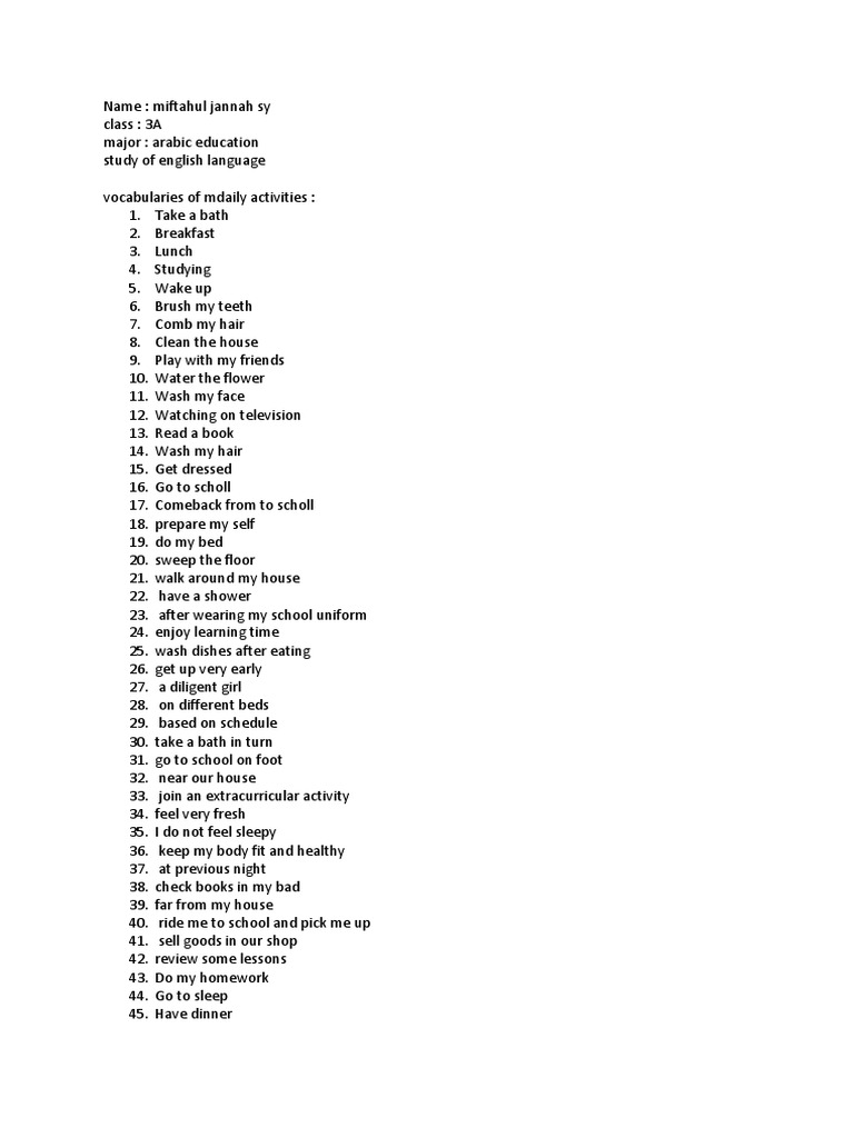 Daily Activities Bahasa Inggris | PDF | Language Arts & Discipline