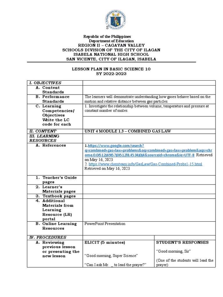 Combined Gas Law Lesson Plan | PDF | Gases | Physical Chemistry