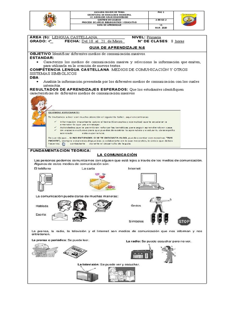 Taller n6 Lengua Castellana Grado 4 | PDF | Comunicación | Medios de comunicación en masa