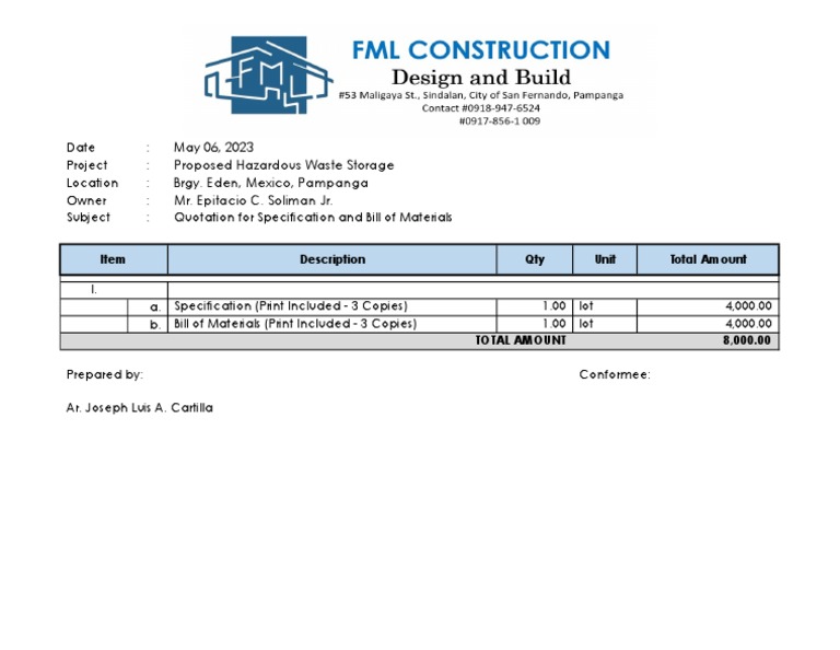 Quotation For Specification and Bill of Materials (Proposed Hazardous ...