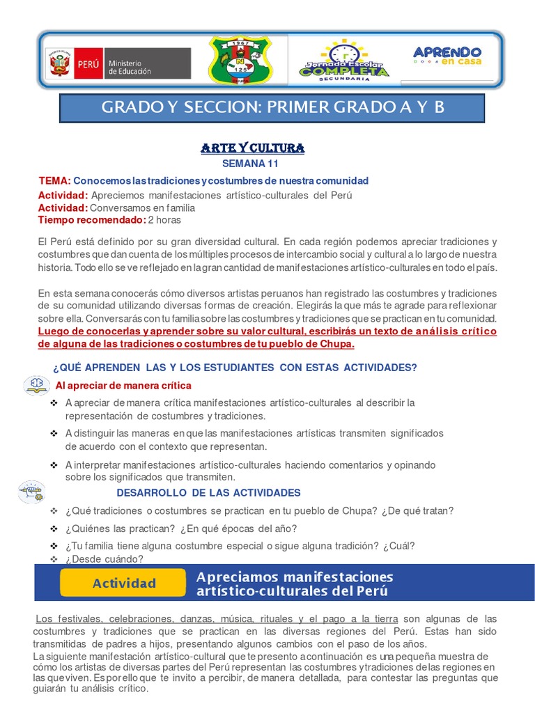 Grado Y Seccion: Primer Grado A Y B: Semana 10 | PDF | Tradiciones | Perú