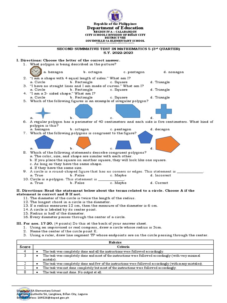 Second Summative Test In Math 5 3rd Quarter Pdf Circle Shape
