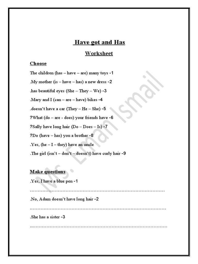 Grammar Worksheet: Have vs. Has | PDF