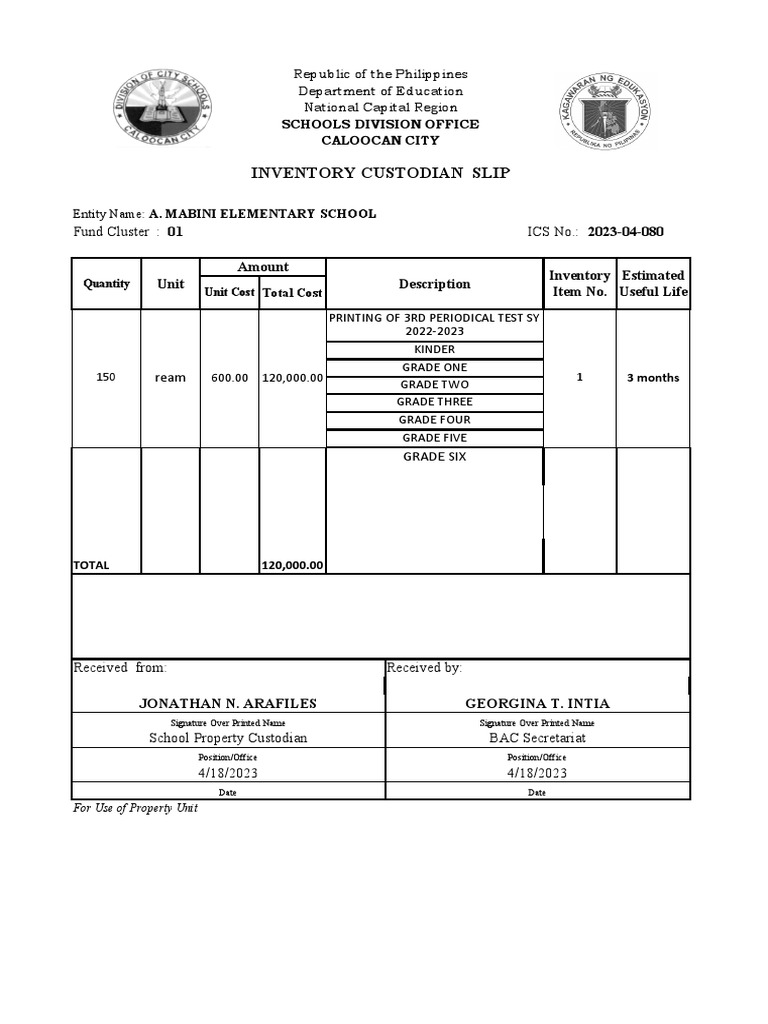 INVENTORY CUSTODIAN SLIP | PDF | Laptop | Magenta