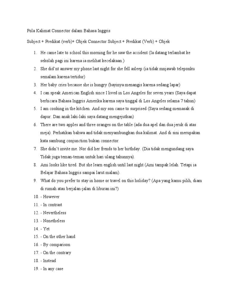 Pola Kalimat Connector Dalam Bahasa Inggris | PDF | Seni & Disiplin Bahasa