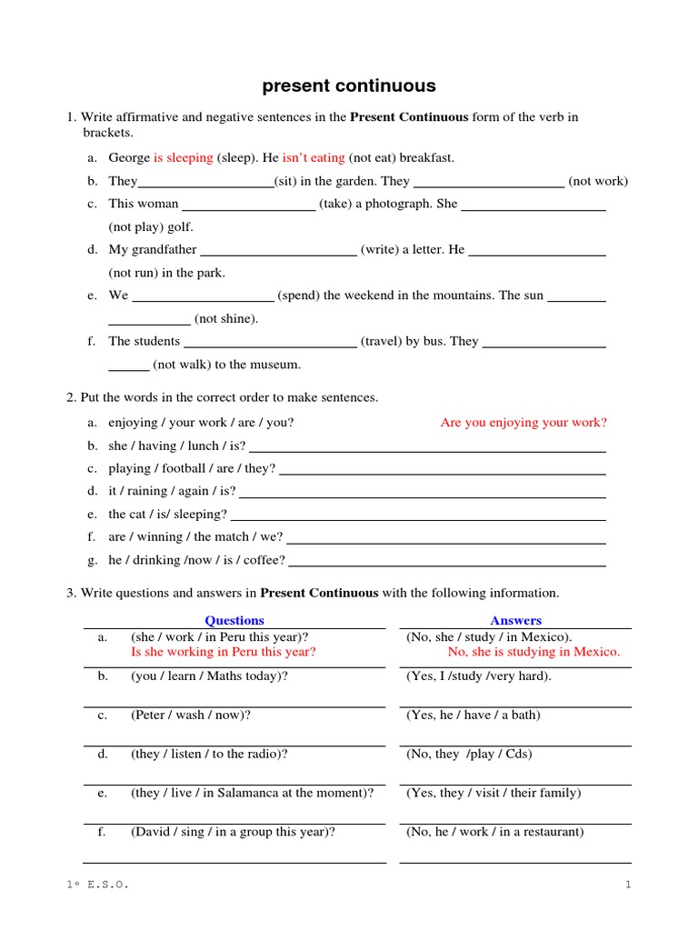 Present Continuous Exercises and Questions | PDF | Language Arts ...