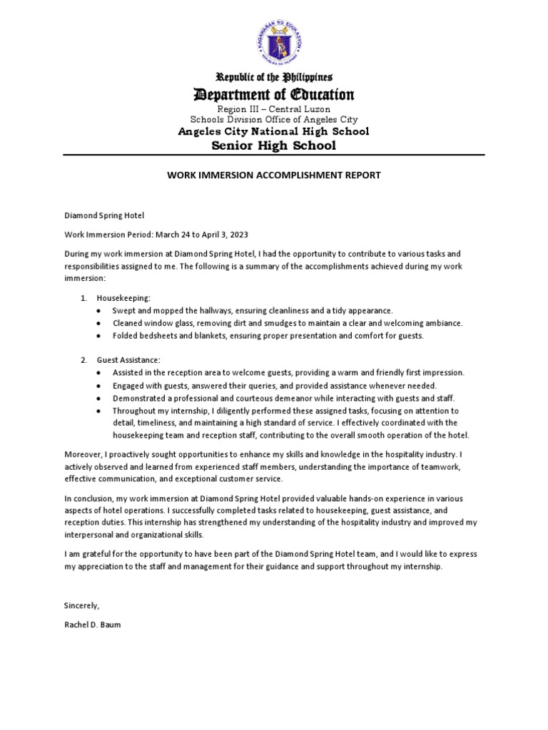 Work Immersion Accomplishment Report | PDF | Housekeeping | Communication