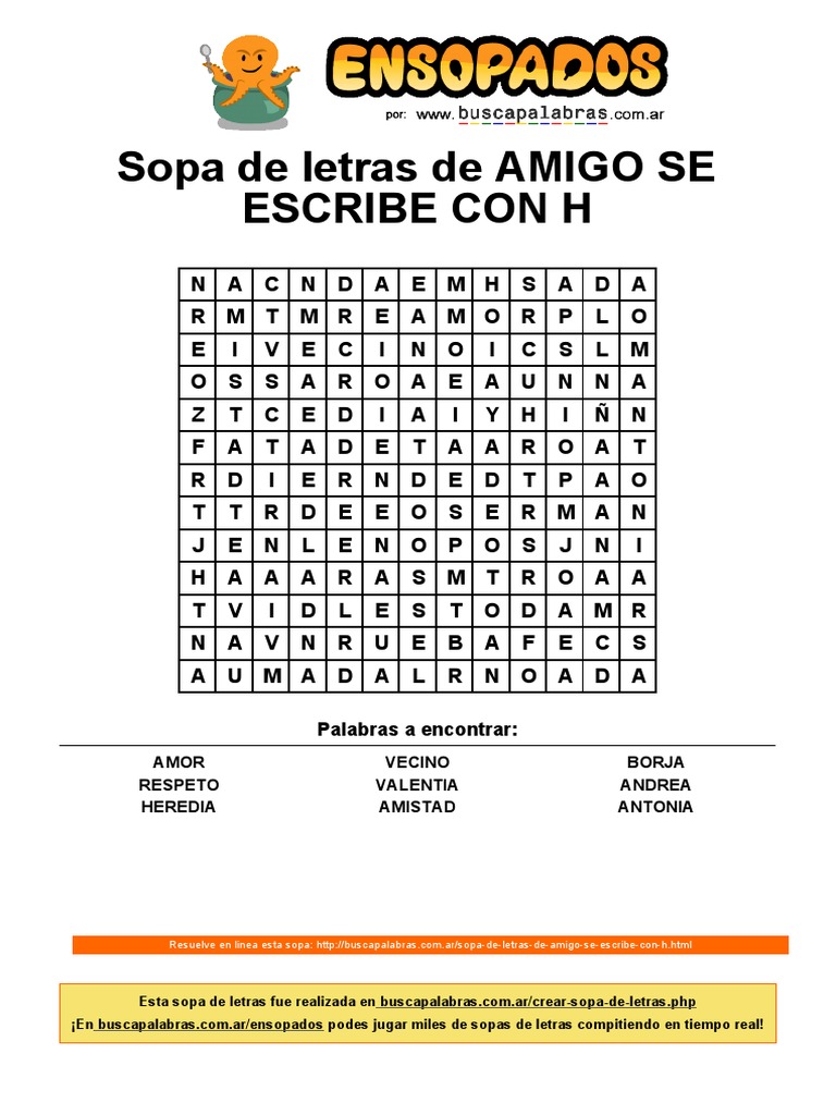 Sopa de Letras de Amigo Se Escribe Con H | PDF