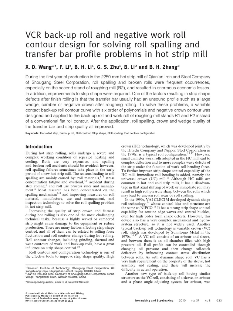 VCR Backup Roll and Negative Work Roll Contour Design For Solving Roll ...