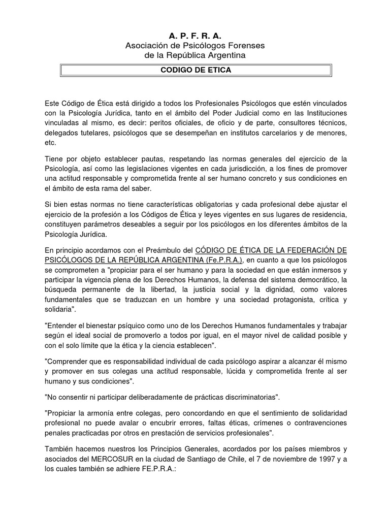 C - Digo de - Tica - A.P.F.R.A. | PDF | Sicología | Psicólogo