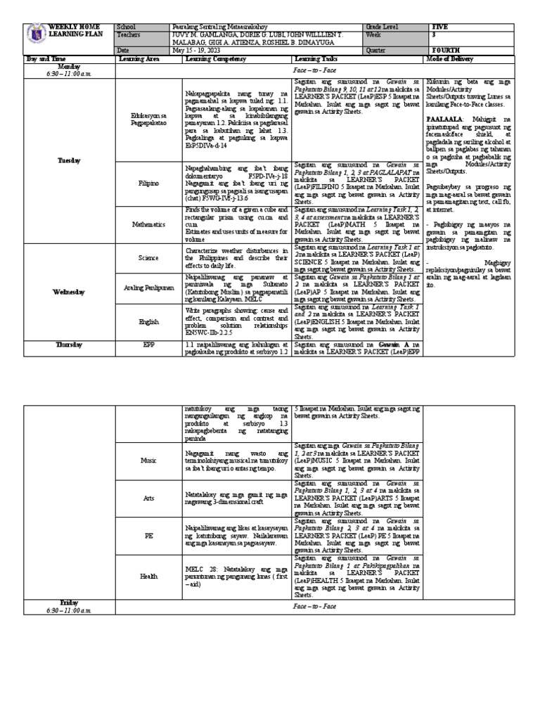 Weekly Home Learning Plan - Week 3 4TH QTR | PDF