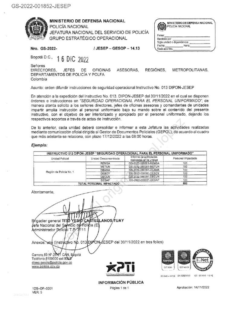 Orden Difundir Instrucciones de Seguridad Operacional Instructivo No. 013 DIPON-JESEP | PDF
