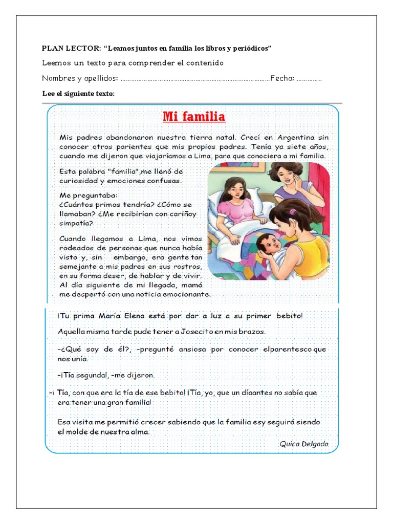 Lectura Comprensiva sobre la Familia | PDF | Juegos y actividades ...