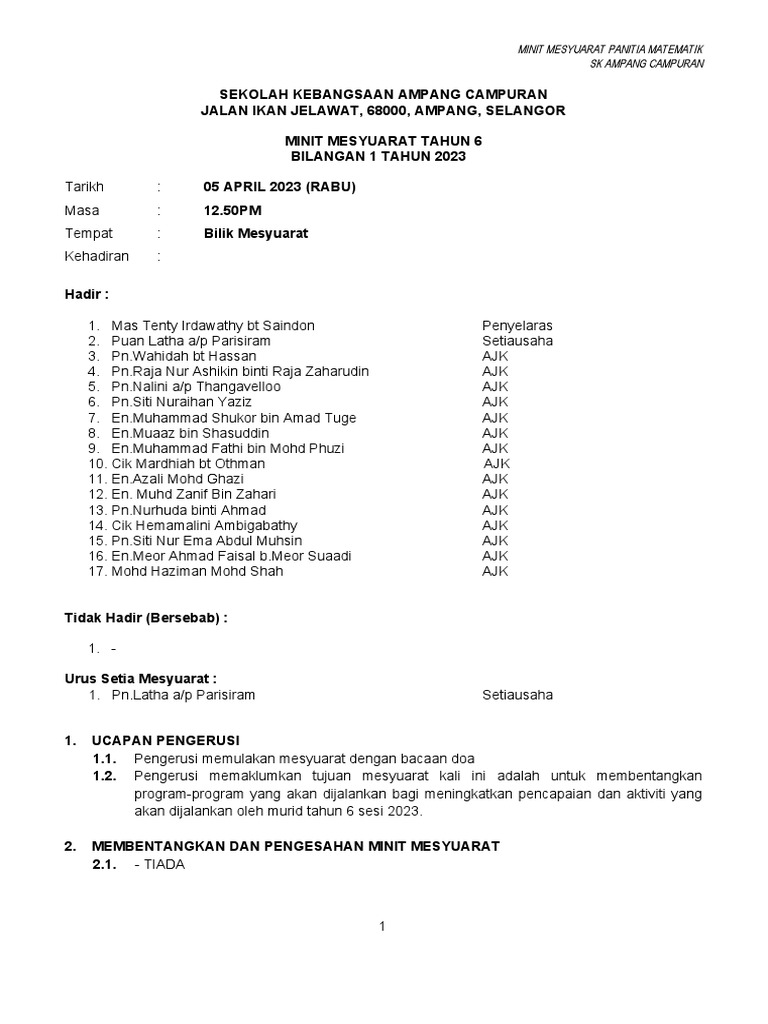 Minit Mesyuarat Tahun 6 Bil. 1 2023 | PDF