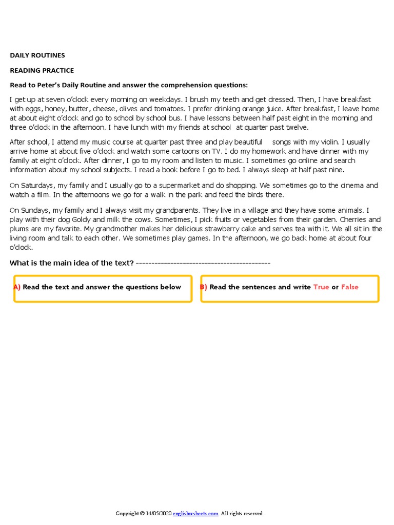 Daily Routines Reading Practice Read To Peter's Daily Routine and ...