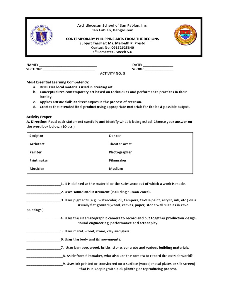 Cpar Worksheet w5-w6 | PDF | Paintings | The Arts