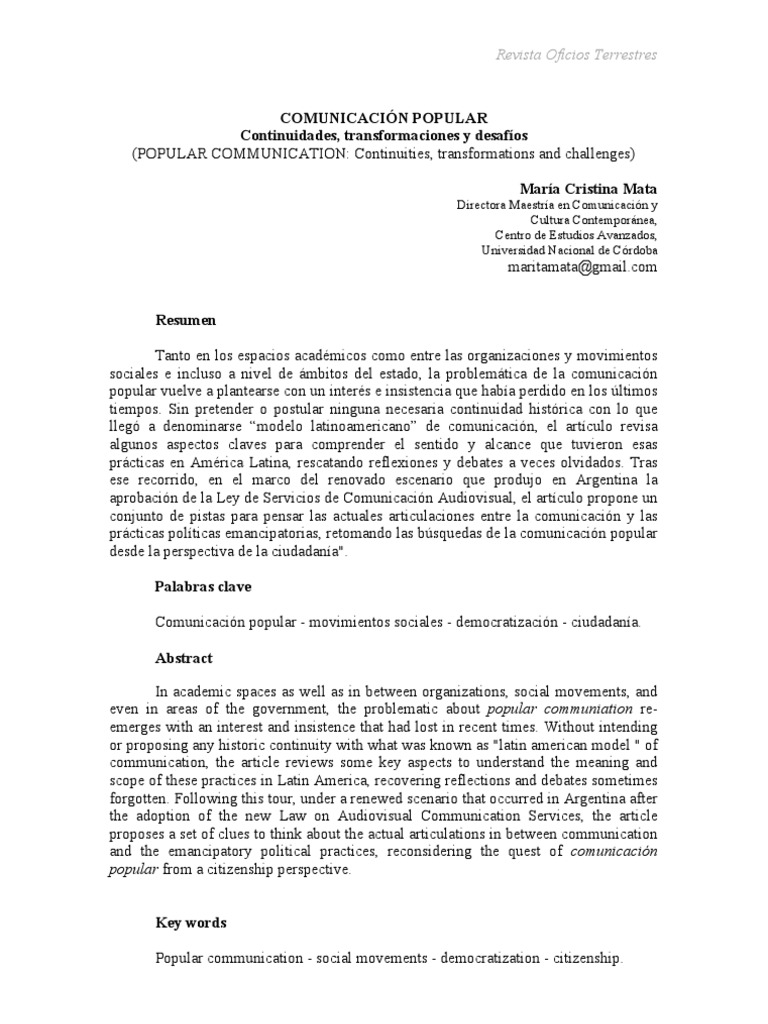 Marita Mata - Comunicacion Popular Des Transformaciones y Desafios | PDF