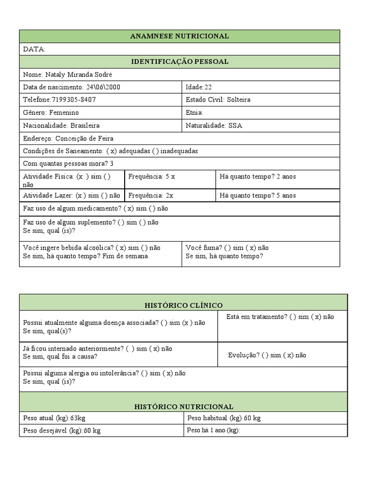 Anamnese Nutricional para Adultos | PDF | Alimentos | Refeição