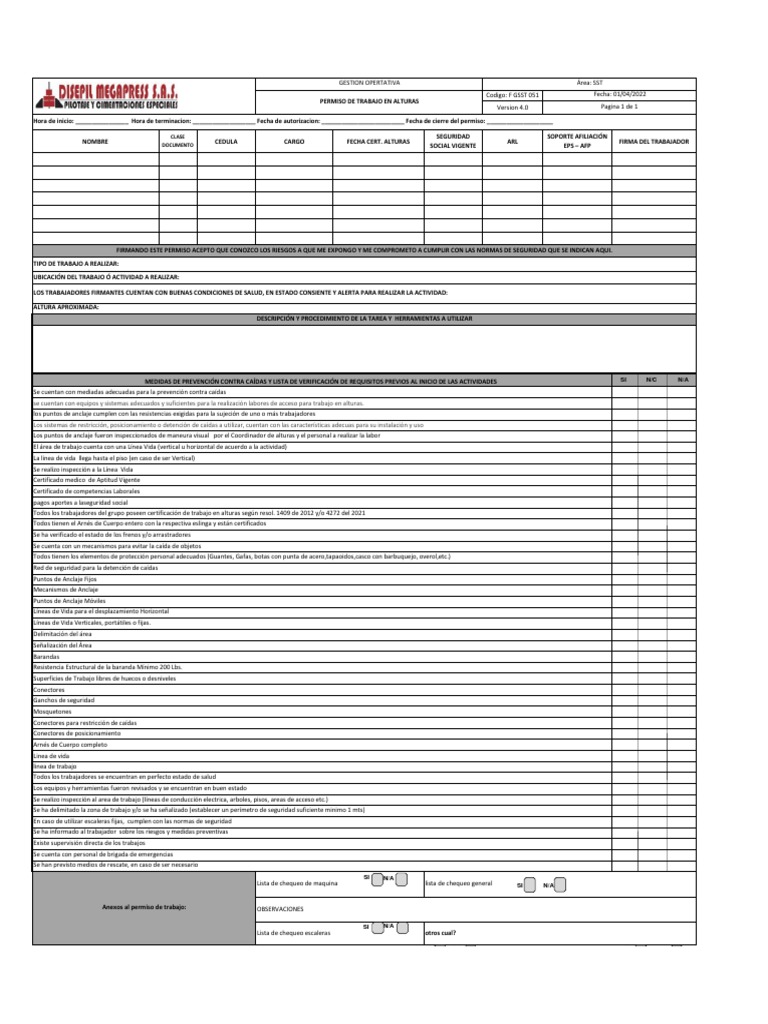 SST-FO-010 V2 Formato de Permiso de Trabajo en Alturas | PDF
