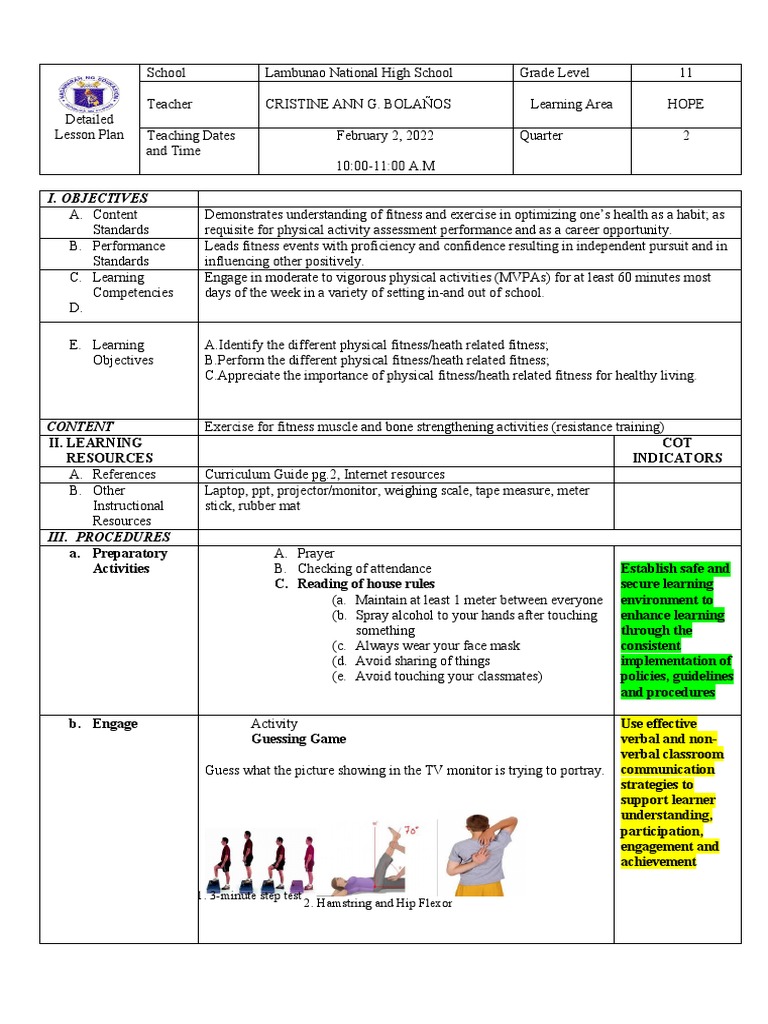 LESSON PLAN 1st Cot Hope | PDF | Physical Fitness | Learning