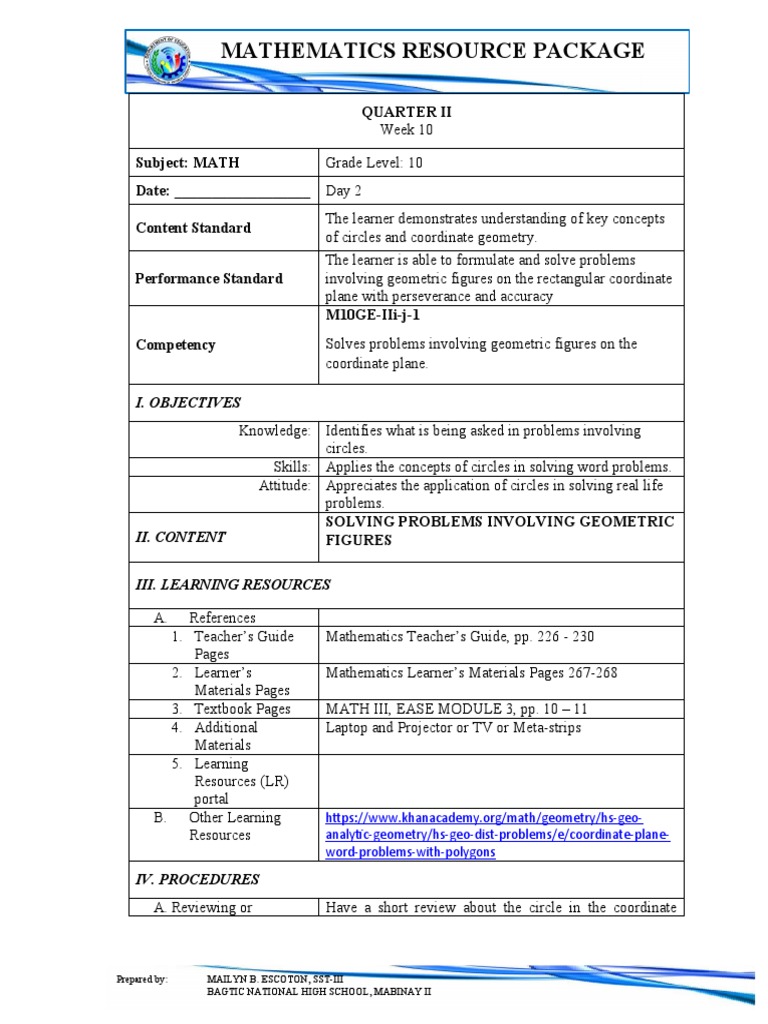 G10 DLP Q2 Week 10 Day 2 | PDF | Circle | Equations