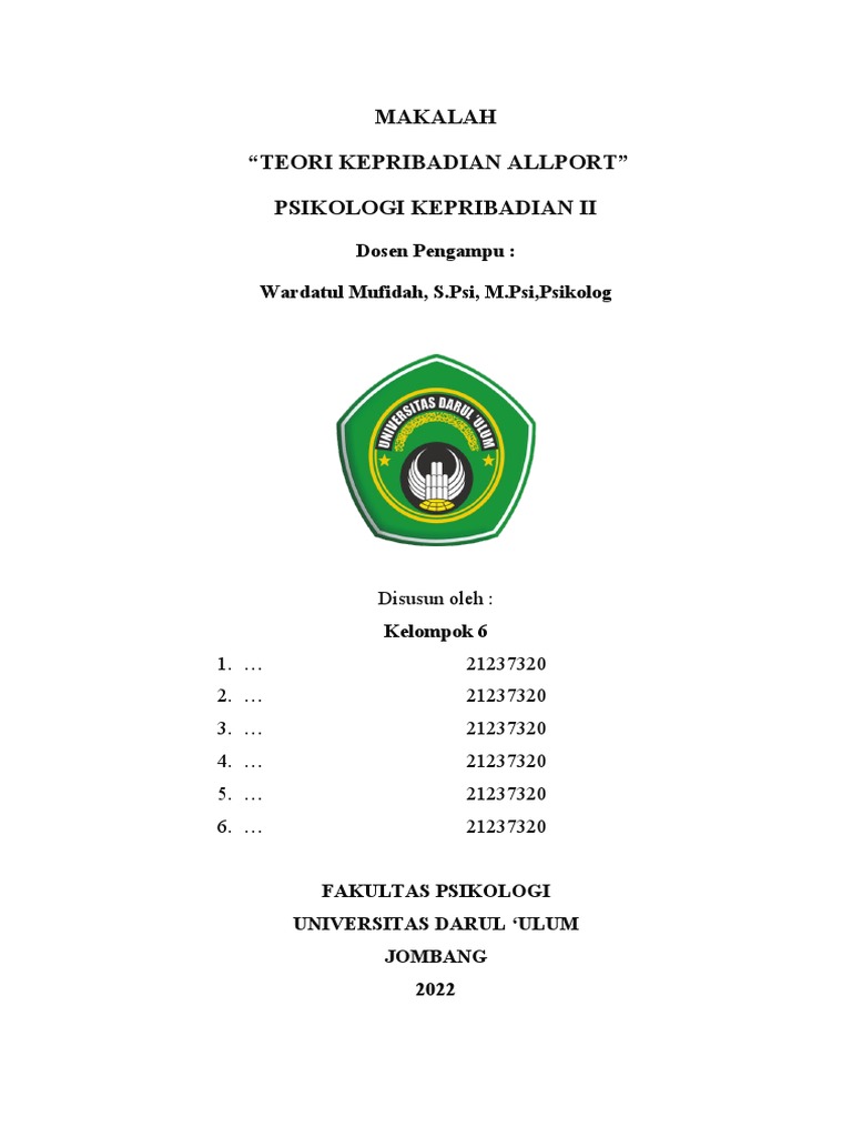 Makalah Teori Kepribadian Allport Psikologi Kepribadian Pdf