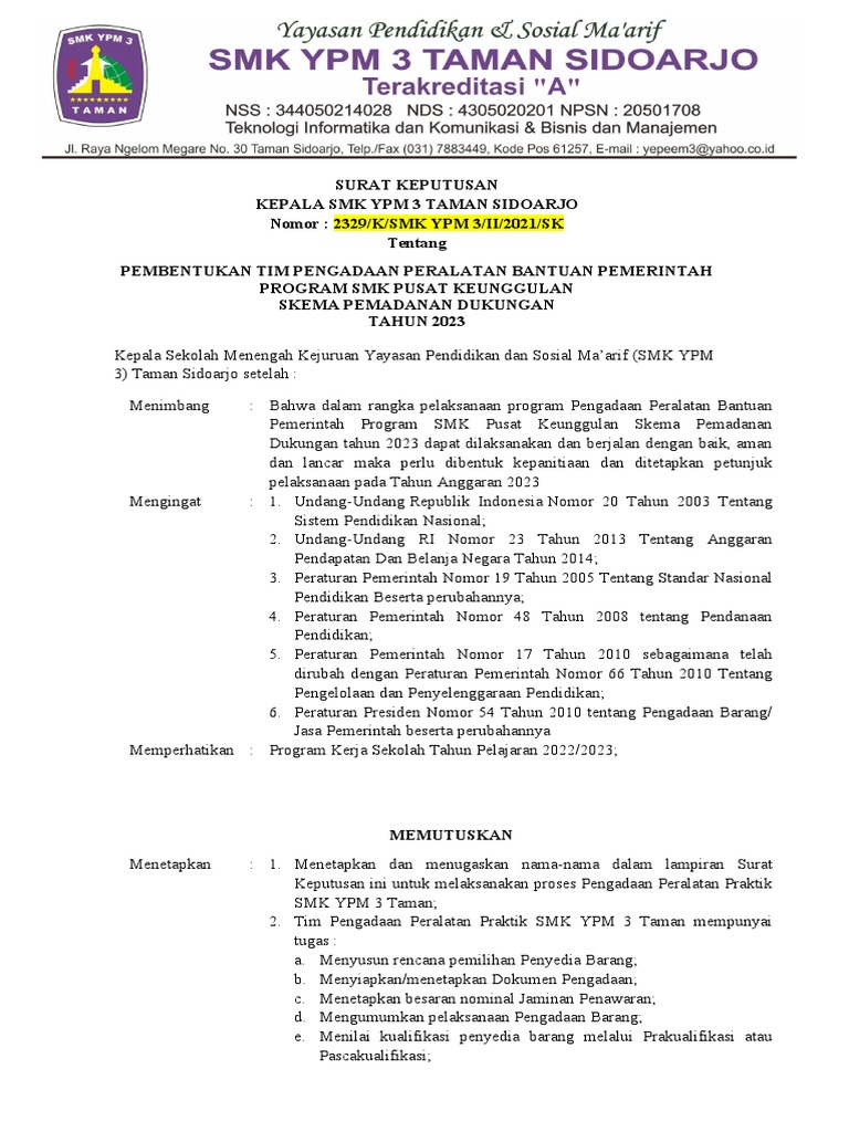 SK Tim Pengadaan Peralatan SMKPK | PDF