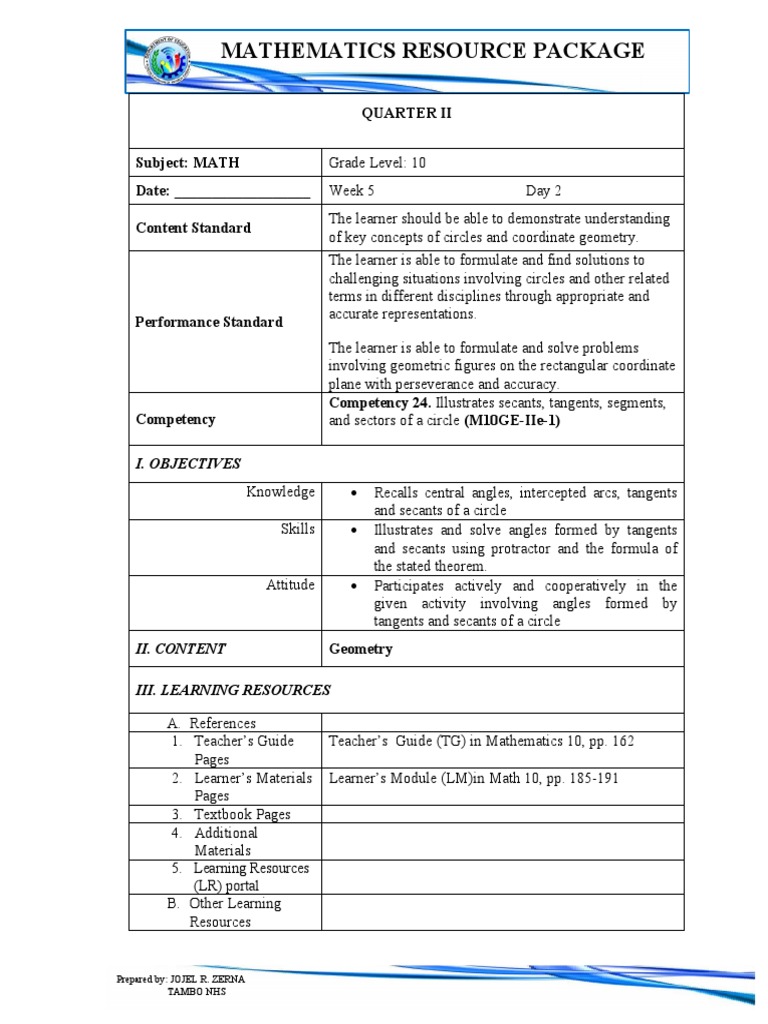 G10 DLP Q2 Week 5 Day 2 | PDF | Tangent | Trigonometric Functions