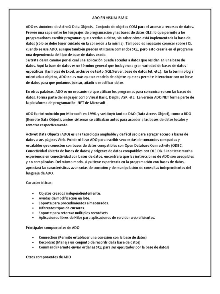 ADO en Visual Basic: Guía Completa | PDF | Active X Data Objects | Software de Microsoft