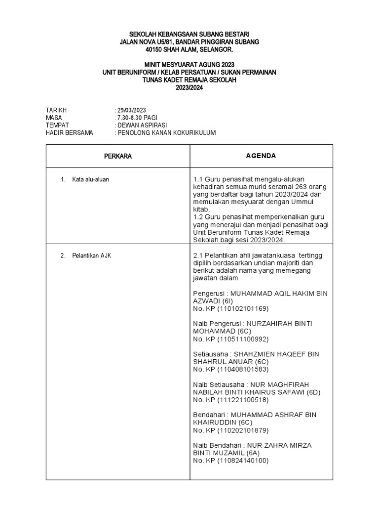 Minit Mesyuarat Agung Tkrs 2023:2024 | PDF