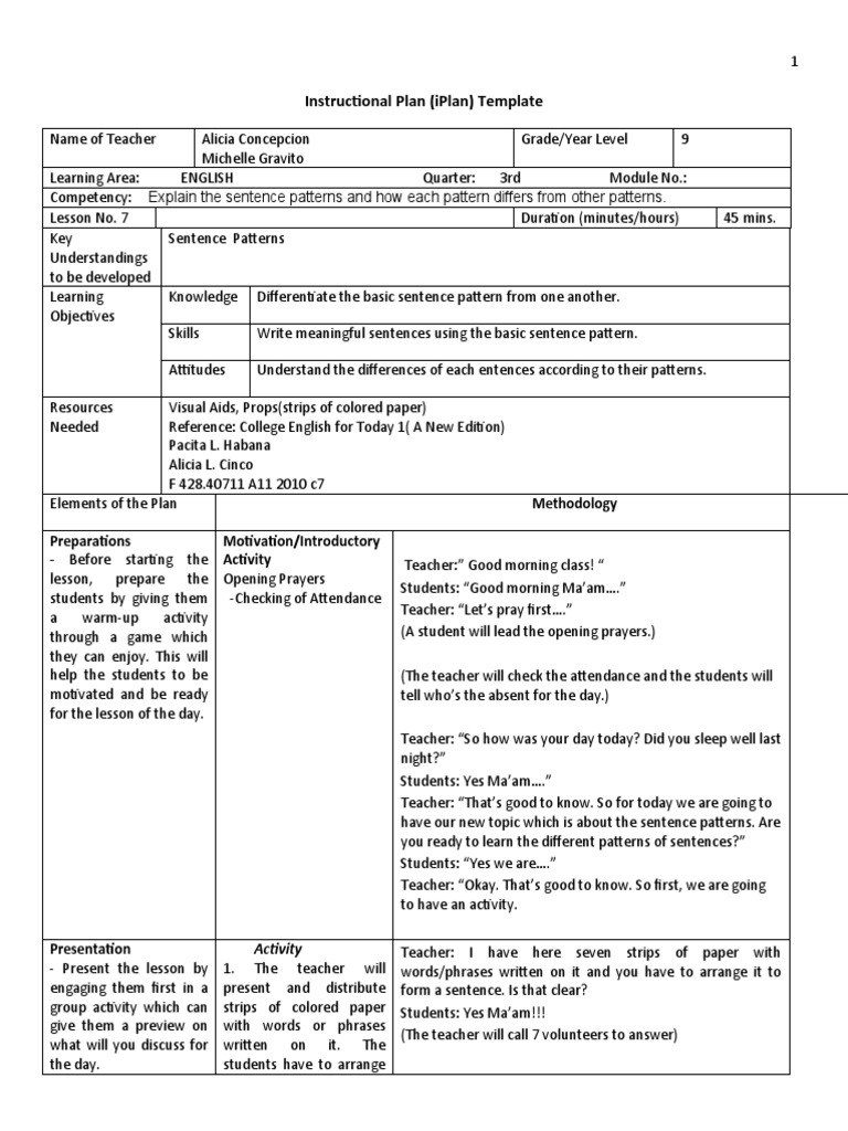 iPlan Template for Sentence Patterns | PDF | Verb | Subject (Grammar)