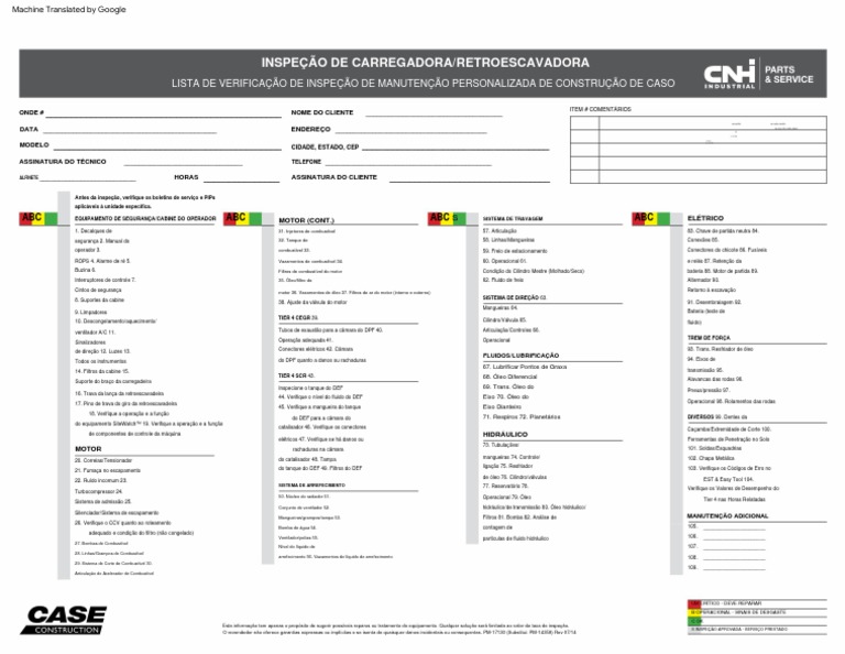 Loader Backhoe Inspection Checklist | PDF | Motores | Engenharia Mecânica