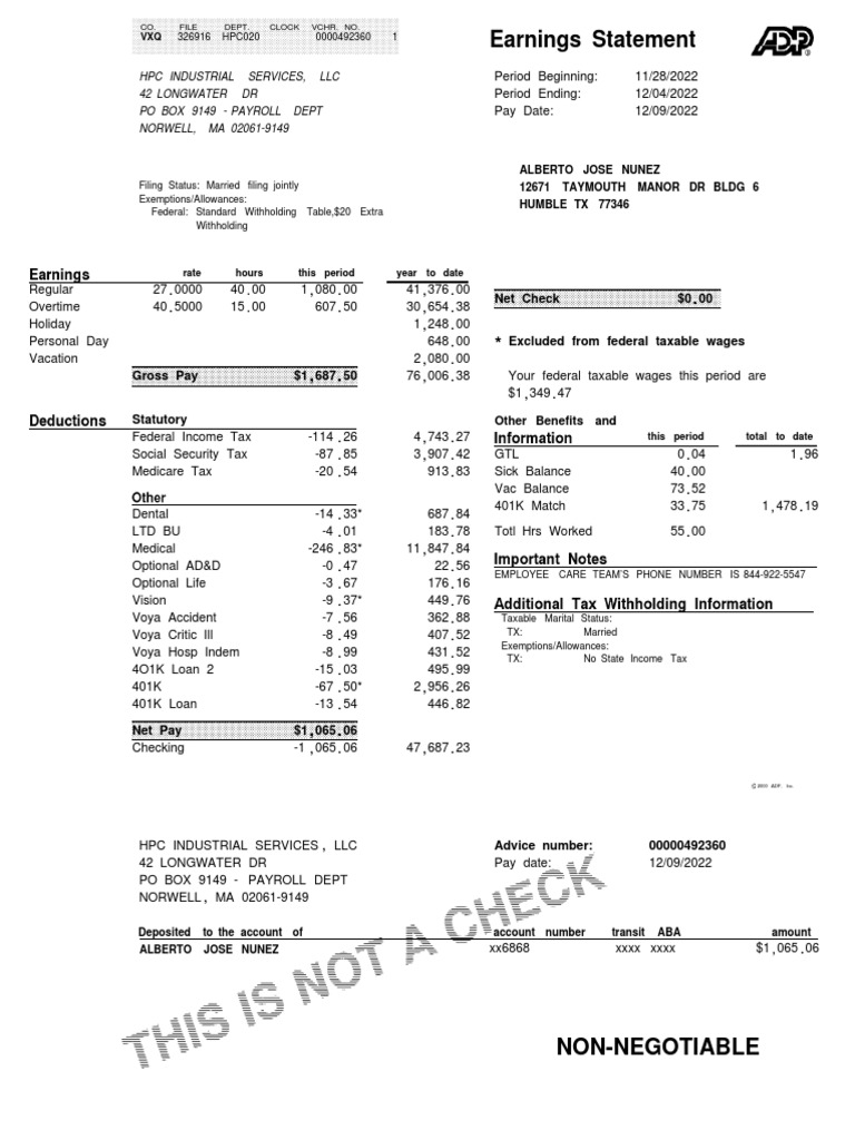 Earnings Statement for Alberto Nunez | PDF | Payroll Tax | 401(K)