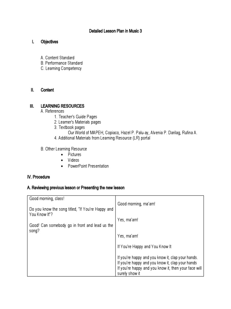 Detailed Lesson Plan in Music 3 | PDF | Language Arts & Discipline
