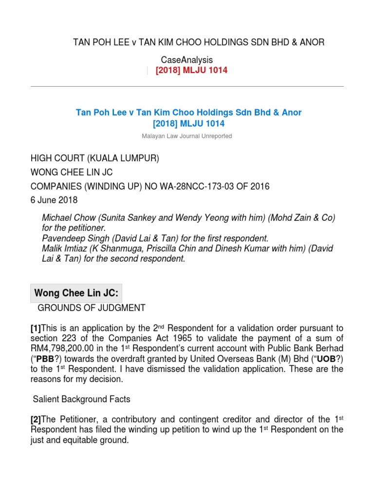 Tan Poh Lee V Tan Kim Choo Holdings Sdn Bhd And Anor Sec 472 Pdf Liquidation Private Law