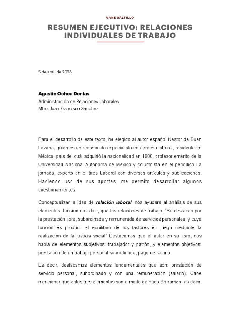 Resumen Relaciones Individuales de Trabajo Por Agustin Ochoa Donias | PDF | Outsourcing ...