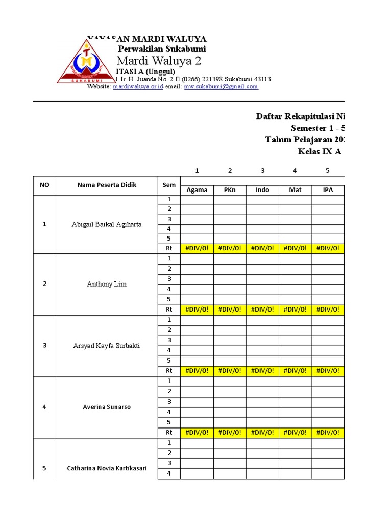 Format Rekap Nilai Rapor Sem 1-5 2223 | PDF