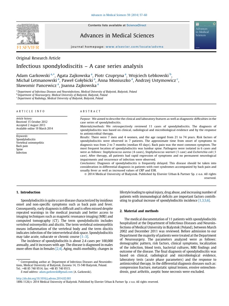 Infectious Spondylodiscitis - A Case Series Analysis | PDF | Back Pain | Infection
