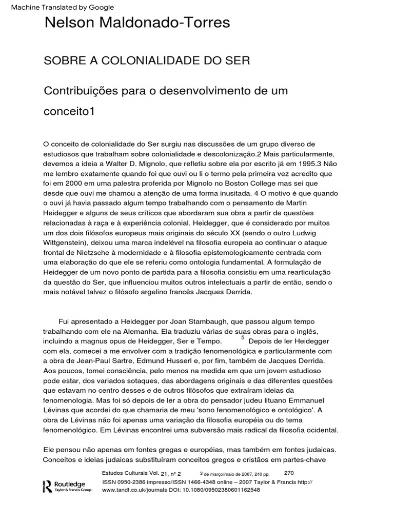 Maldonado Torres On The Coloniality of Being | PDF | Martin Heidegger ...