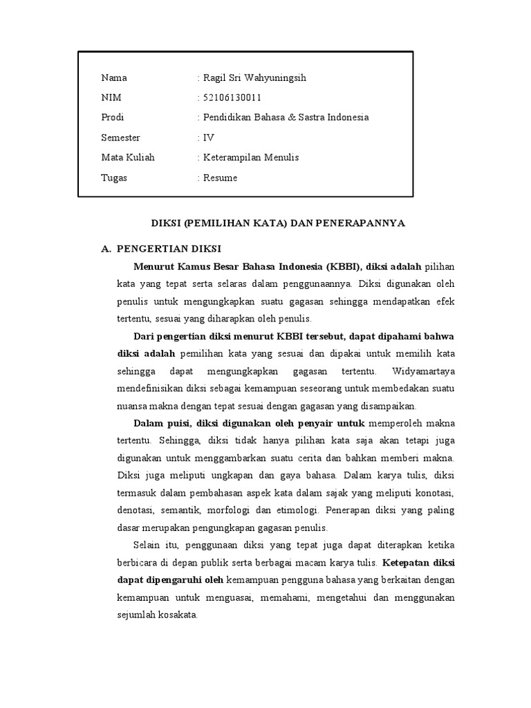 4) - Resume Diksi (Pemilihan Kata) Dan Penerapannya | PDF | Kajian Bahasa Asing
