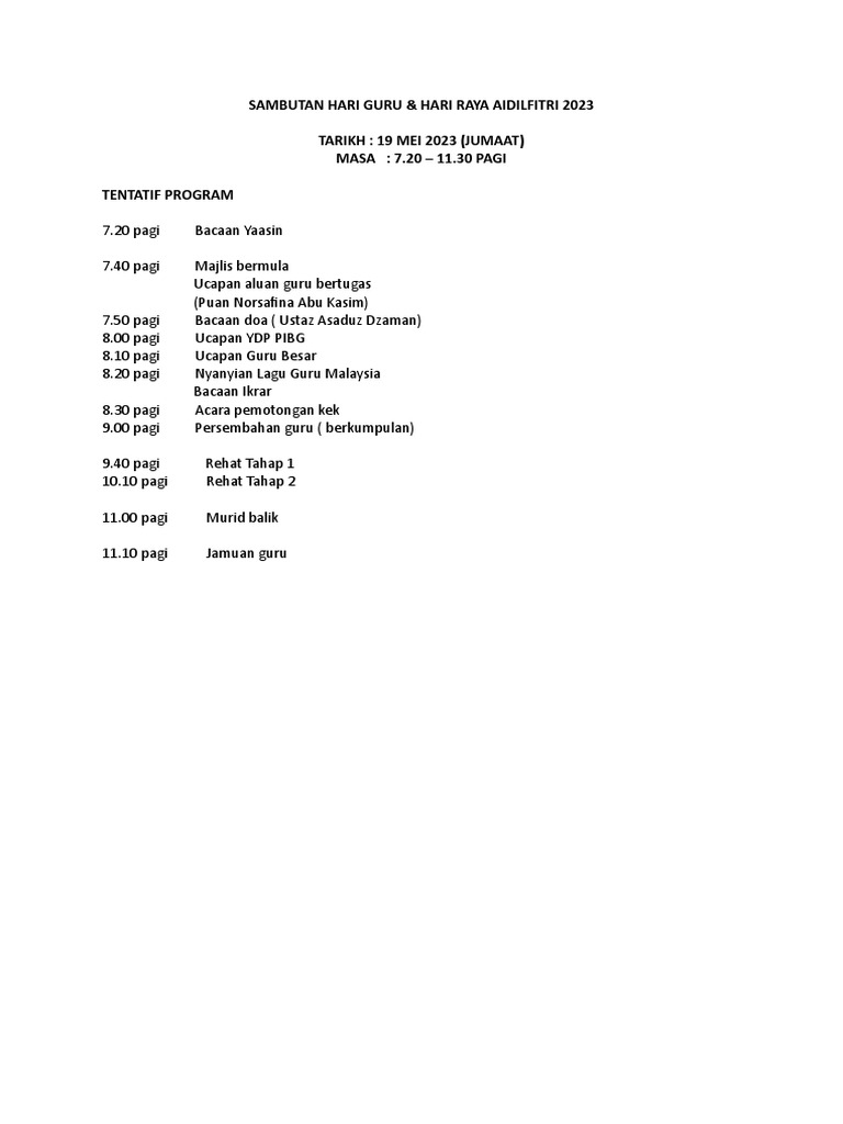 Tentatif Sambutan Hari Guru & Hari Raya Aidilfitri SKG 2023 | PDF