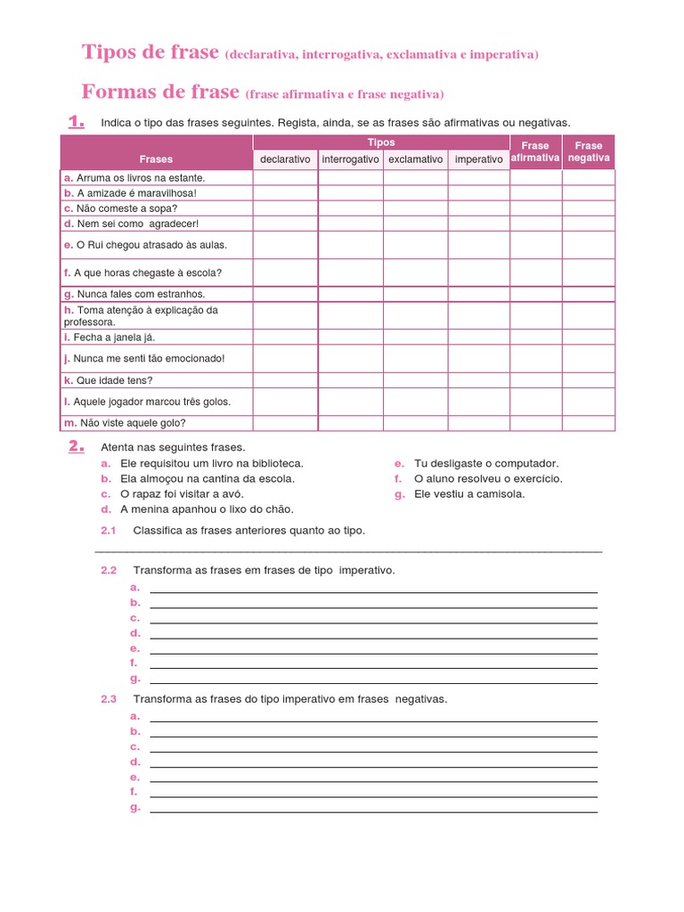 Classificação e Transformação de Frases: Tipos e Formas | PDF | Ficção ...