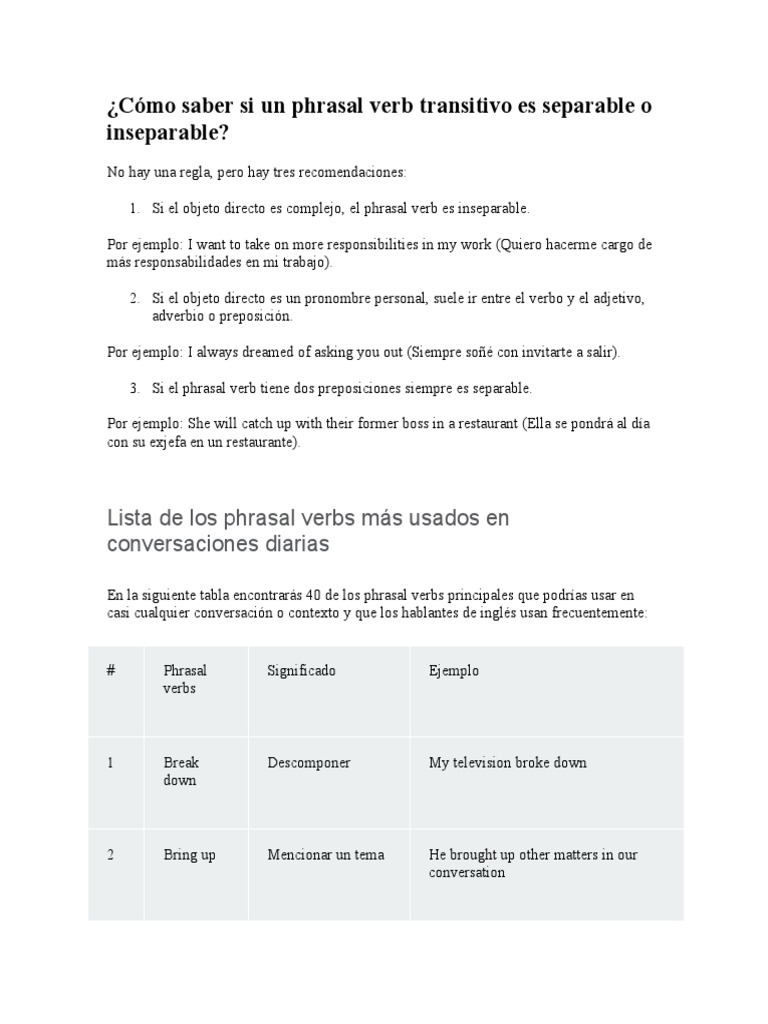 Cómo Saber Si Un Phrasal Verb Transitivo Es Separable o Inseparable | PDF