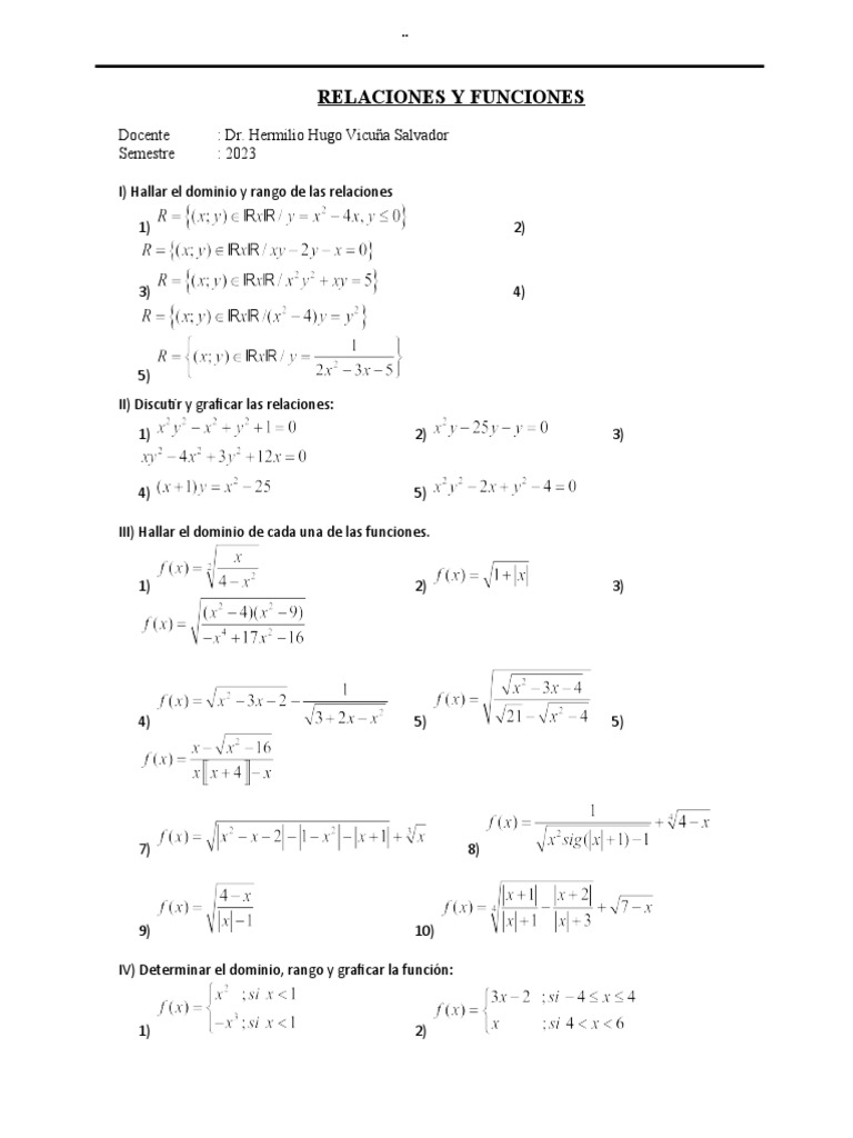 Relaciones y Funciones - Lista de Ejercicios | PDF