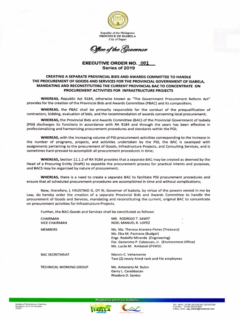Executive Order No. 001 - Creating A Separate Provincial Bids and ...
