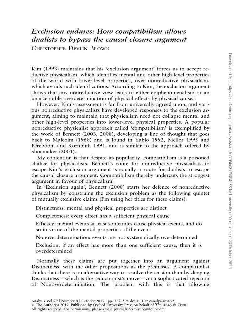 Exclusion Endures How Compatibilism Allows Dualists To Bypass The Causal Closure Argument Pdf