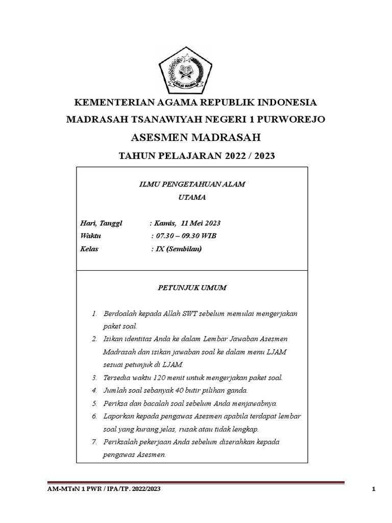 Contoh Sampul Soal Ujian Madrasah | PDF