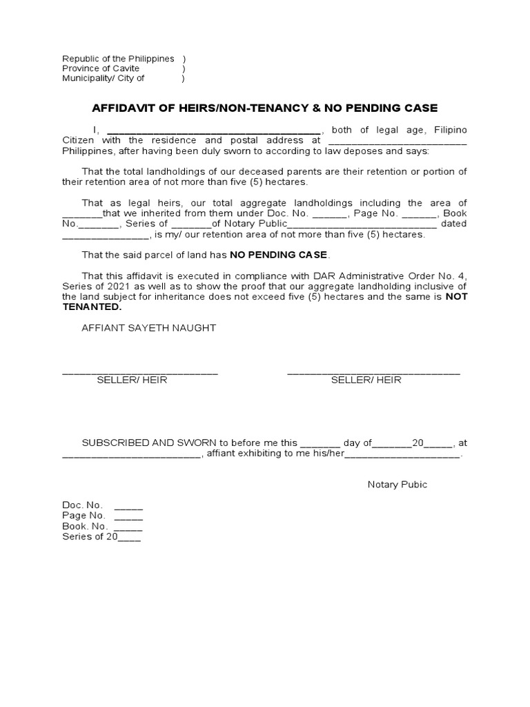 Affidavit of Non-Tenancy & No Pending Case (Seller) | PDF